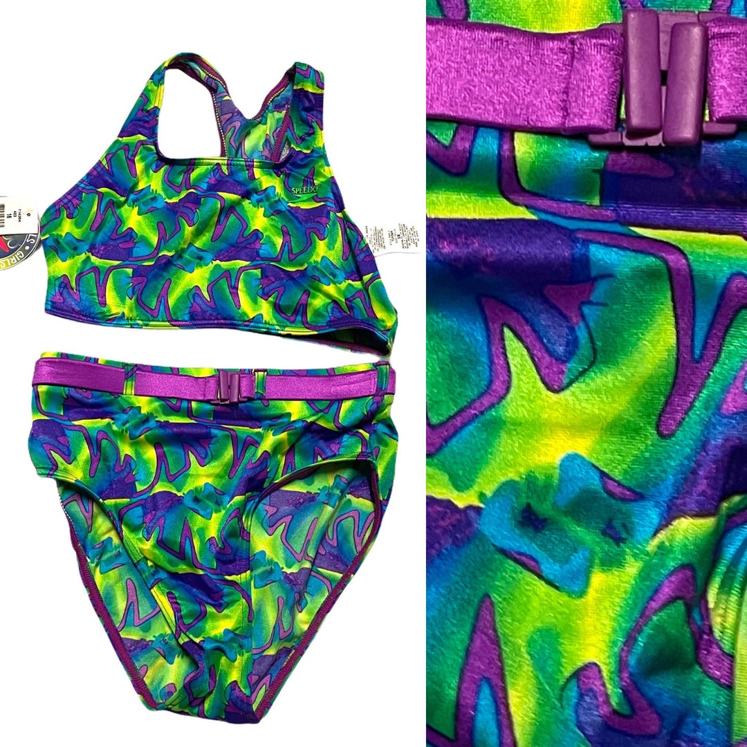Girls Vintage 1990s Speedo Neon Bright Green Purple Belted Bikini Tank ...