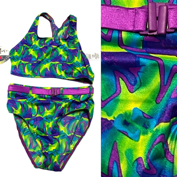 Girls Vintage 1990s Speedo Neon Bright Green Purple Belted Bikini Tank Top High Waist Athletic Set Size 16 Etsy Canada