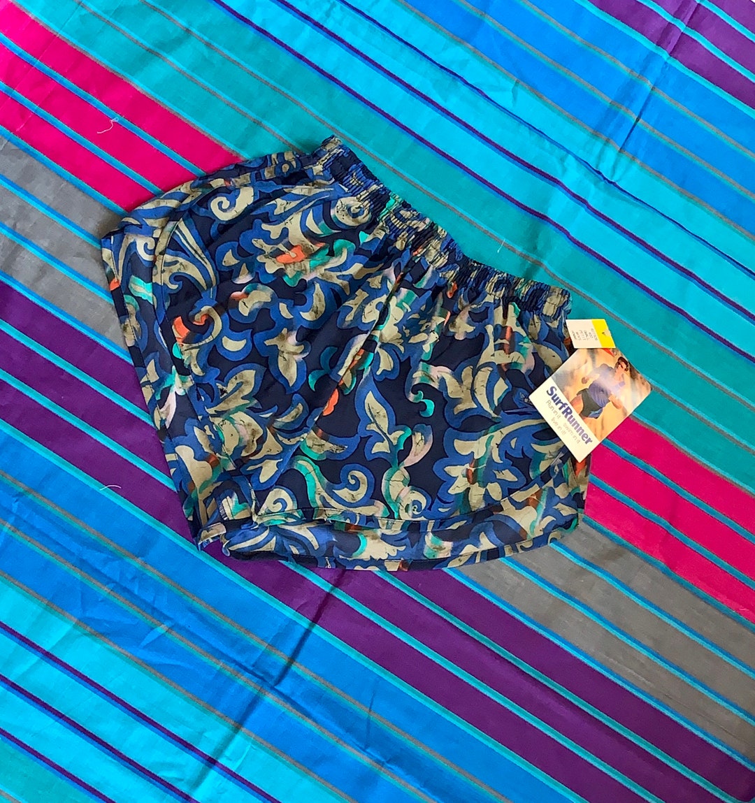 Vintage 90s Speedo Runner Blue Green Orange Floral Baroque Side Split ...