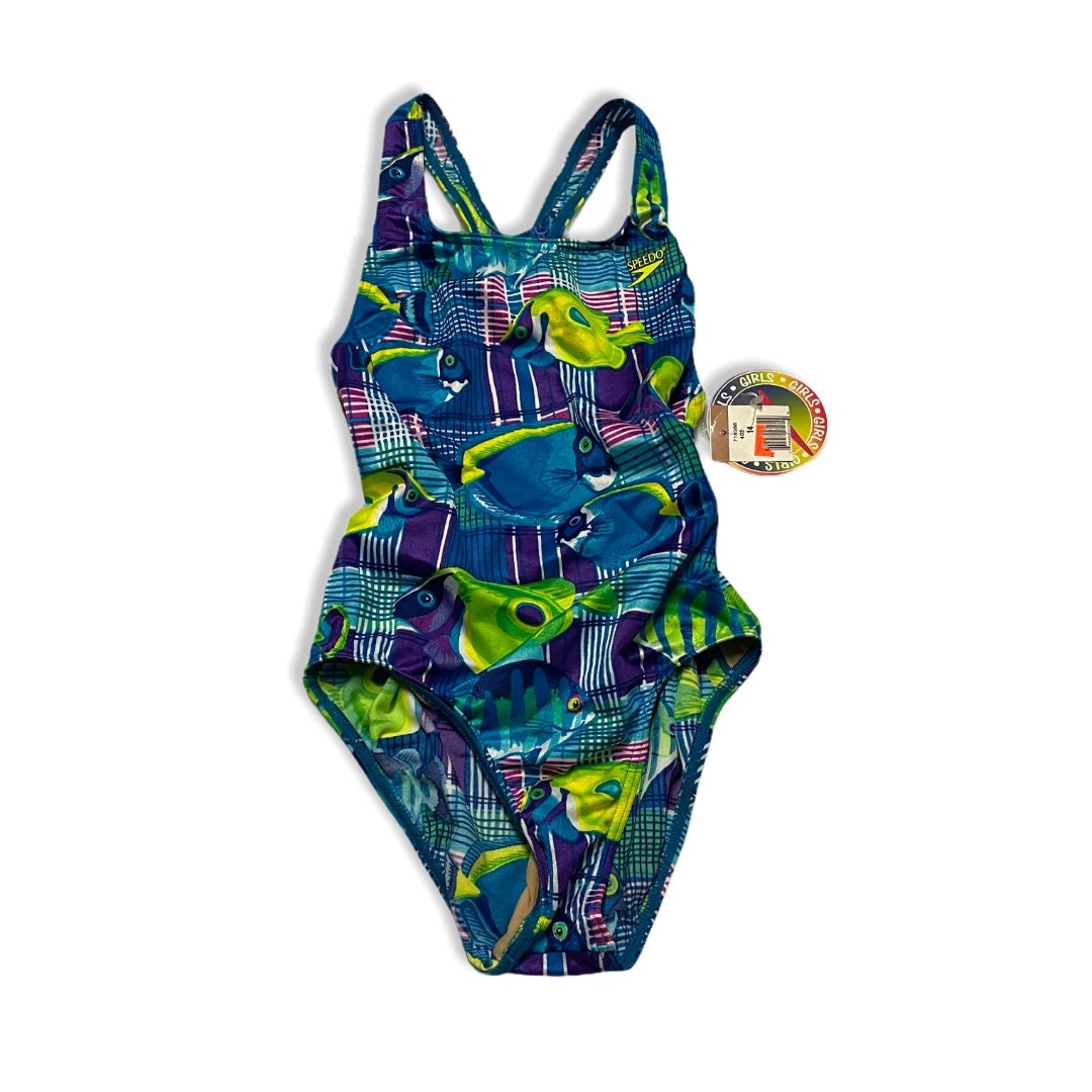 Young Girls Vintage 90s Speedo Blue Tang Fish Pattern Print Athletic ...