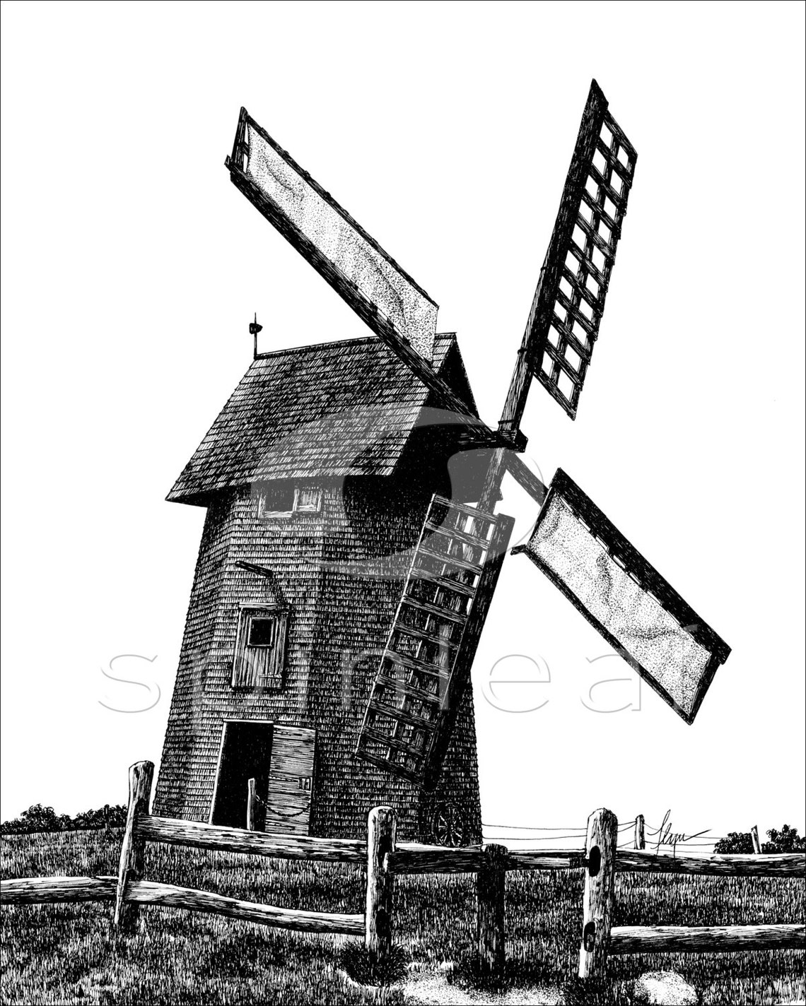 Windmill Art Print Pen & Ink Landscape Illustration - Etsy Canada