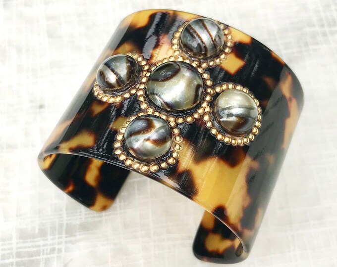 Embellished Tortoise Shell Acetate Cuff Bracelet W/ Gold Tone Beads ...