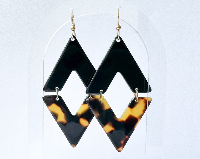 Black and Tortoise Shell Triangular Acetate Statement Earrings handmade in the USA - Etsy