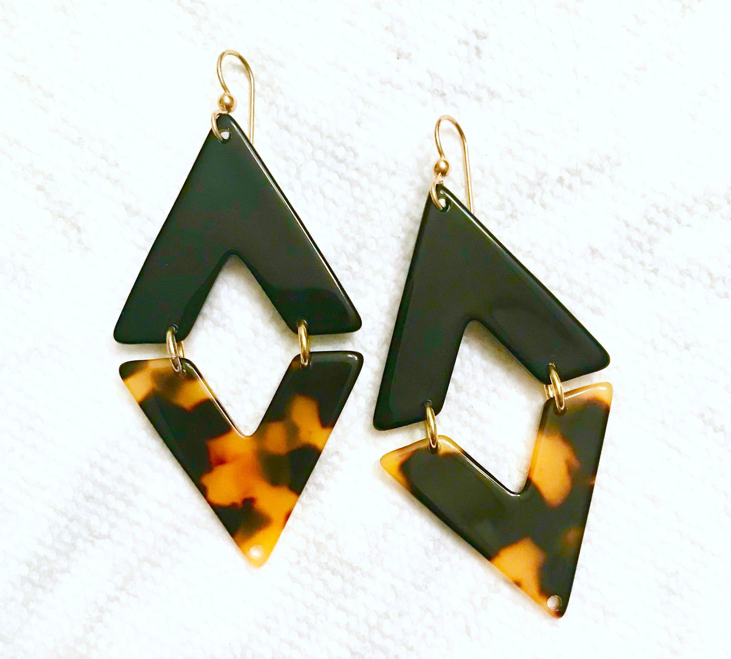 Black and Tortoise Shell Triangular Acetate Statement Earrings | Etsy