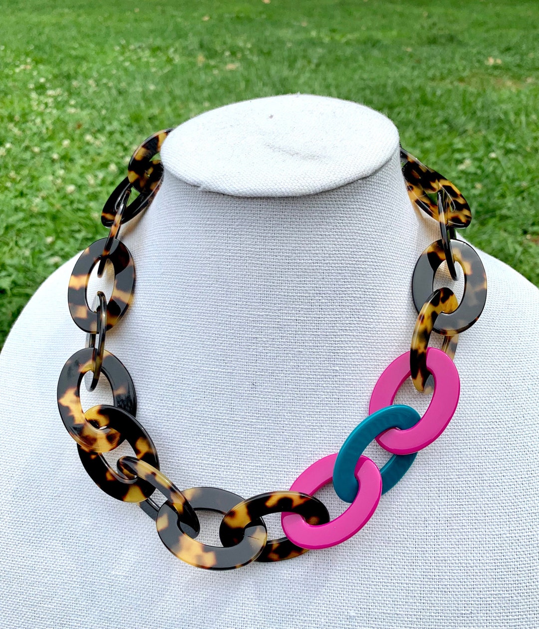 Tortoise Shell Chain Necklace: Magenta & Teal Accent, Handmade in NYC ...