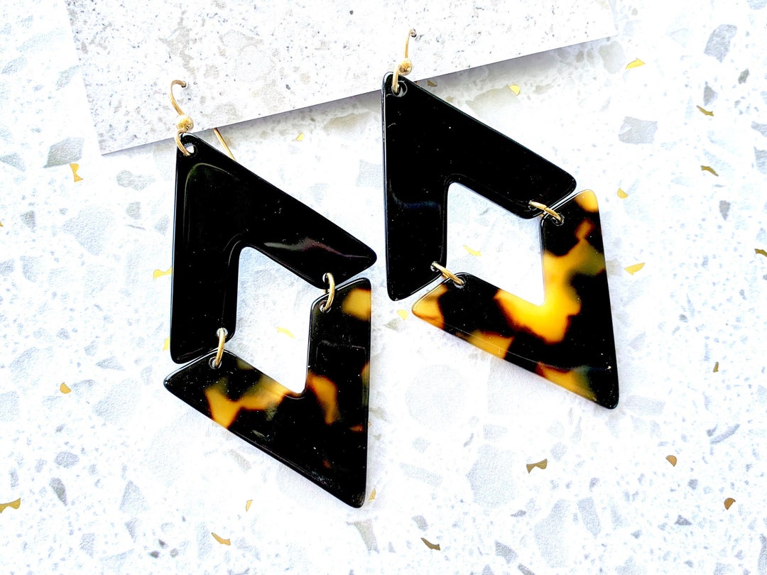 Black and Tortoise Shell Triangular Acetate Statement Earrings - Etsy