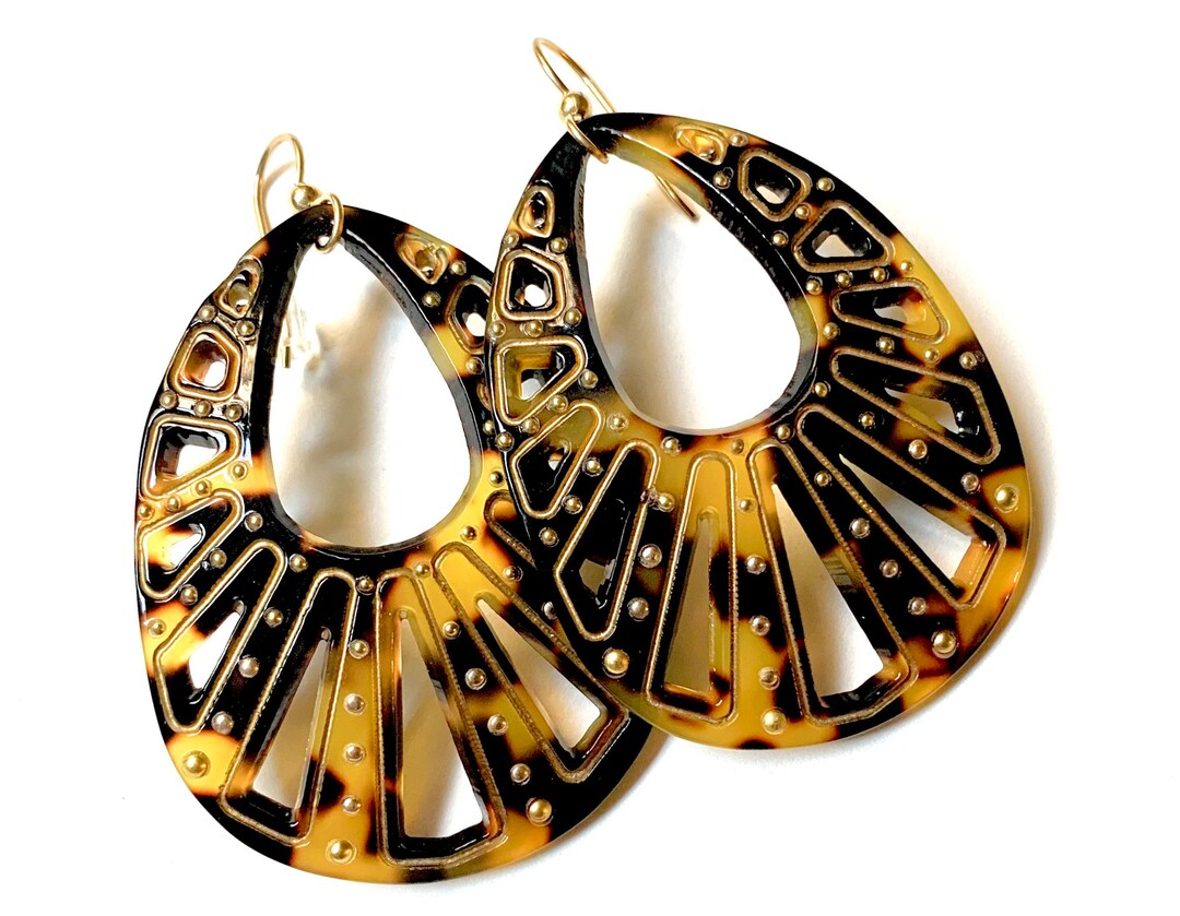 Art Deco Tortoise Shell Statement Earrings | Engraved Gold Accents - Etsy