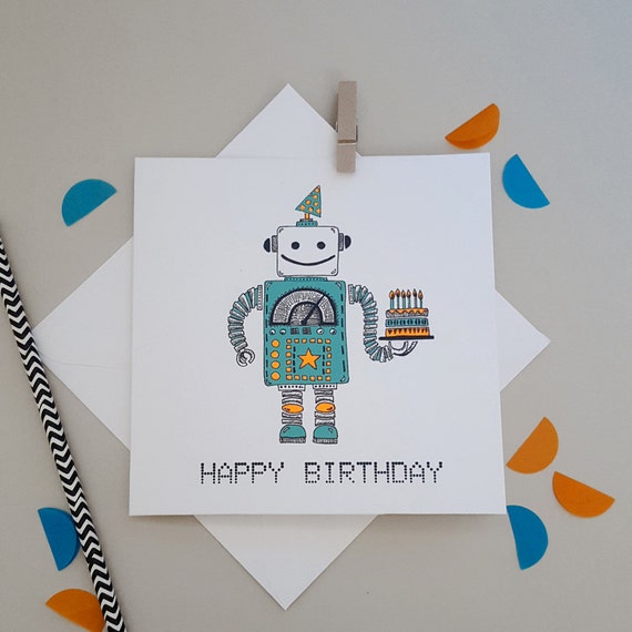 Robot Birthday Quirky Illustrated Robot Birthday Card Happy | Etsy