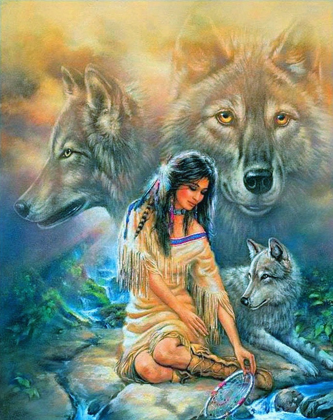 Native American Girl With Wolf