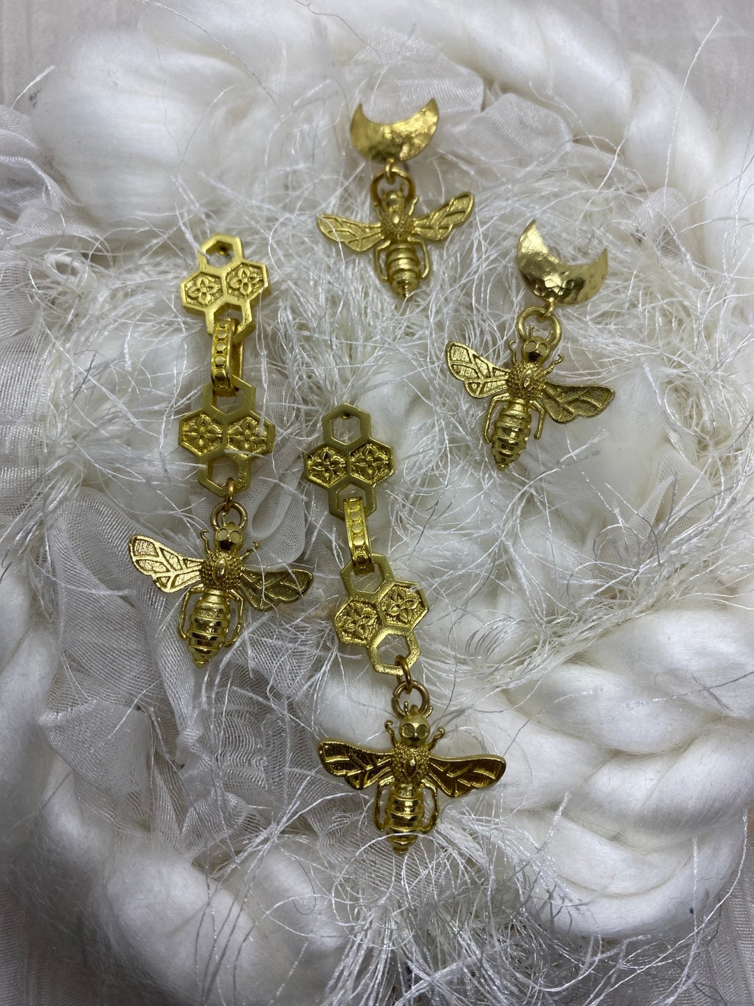 Honeycomb Bees and Crescent Moon Bees Earrings in Nickel-free Brass - Etsy