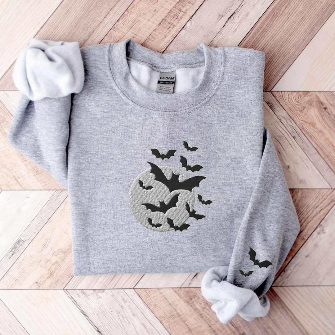 Embroidered Bats Sweatshirt, Halloween Crewneck Sweater With Sleeve ...
