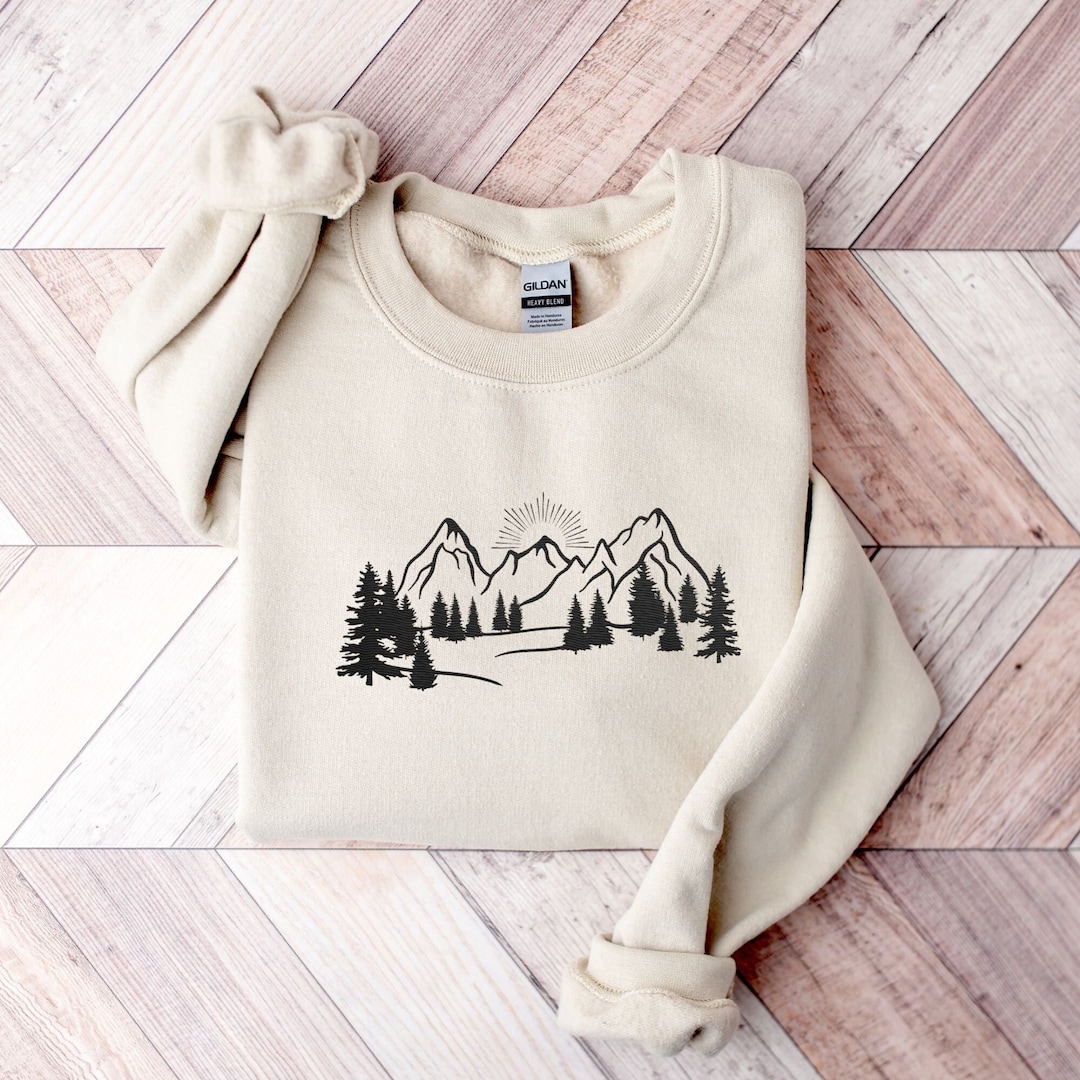 Embroidered Mountains Sweatshirt, Trees Embroidered Crewneck, Pine ...