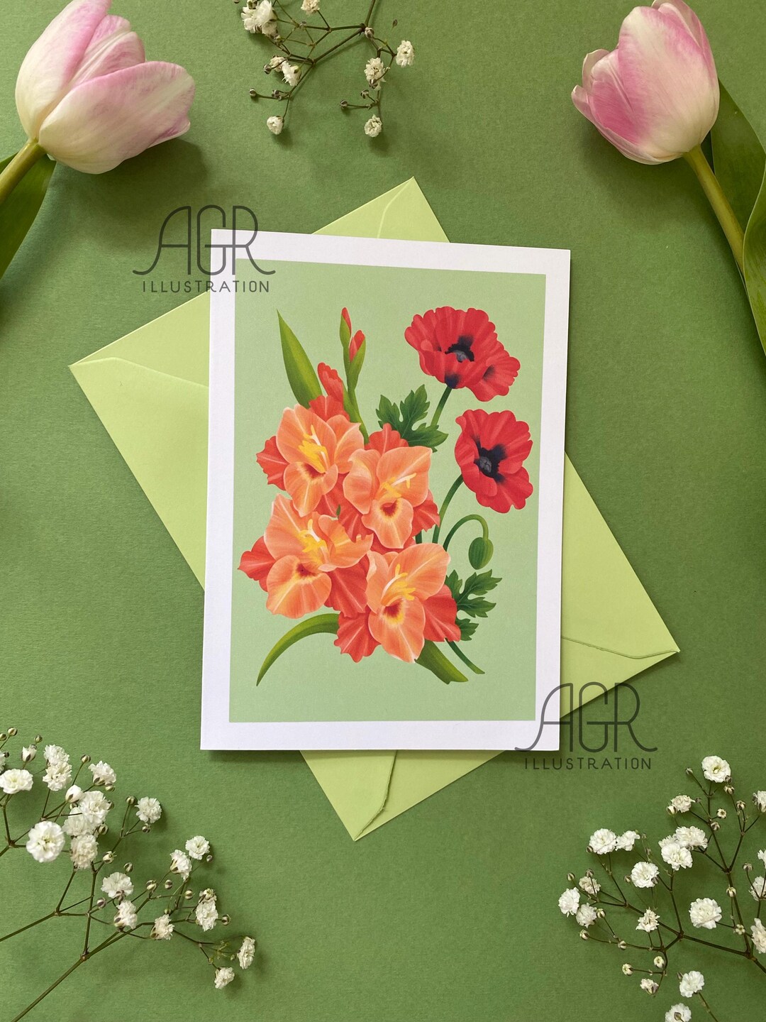 August Birthday Card, Birth Flowers Gladioli and Poppy - Etsy