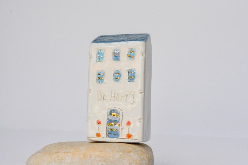 BE HAPPY little ceramic House in Blue and Silver Handmade | Etsy