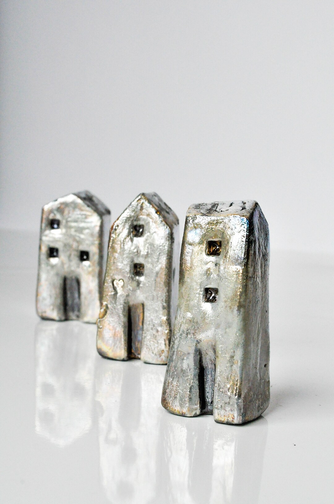 Set of 3 Raku Fired Ceramic Houses Golden Glaze Handmade by - Etsy