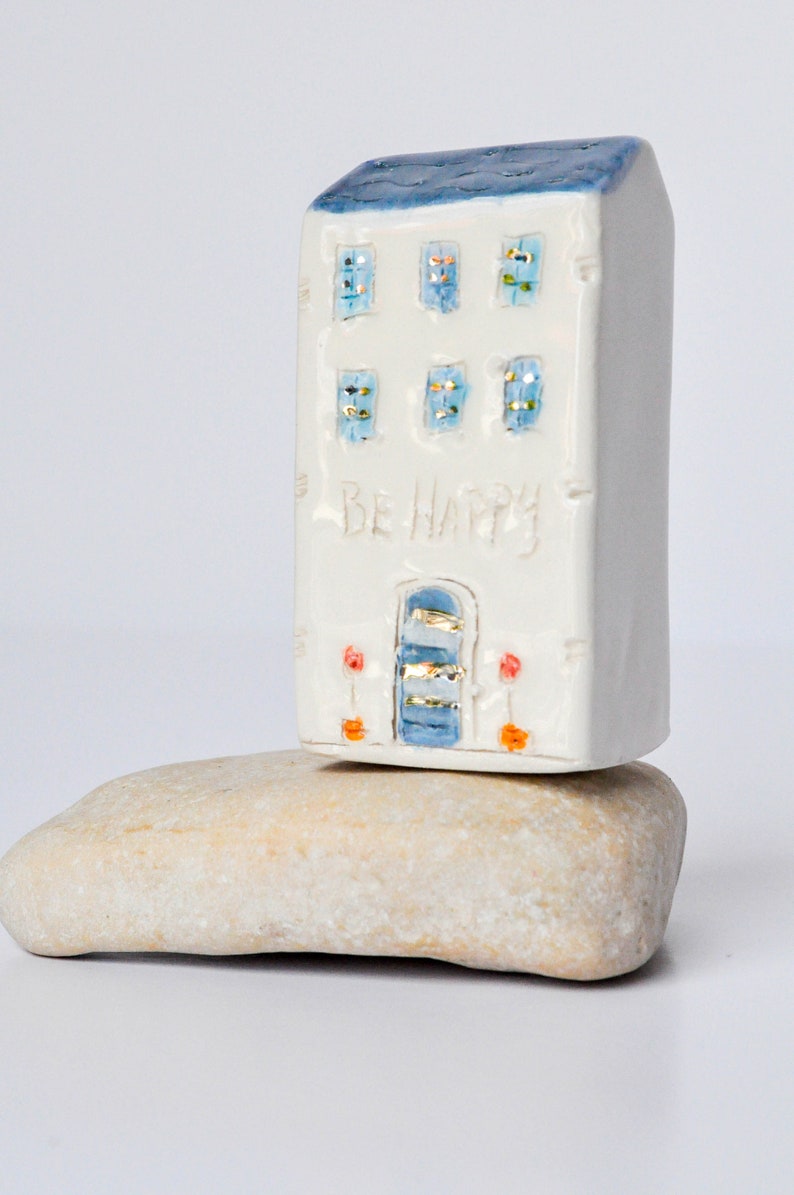 BE HAPPY little ceramic House in Blue and Silver Handmade | Etsy