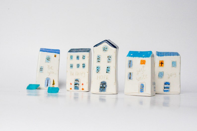 BE HAPPY little ceramic House in Blue and Silver Handmade | Etsy