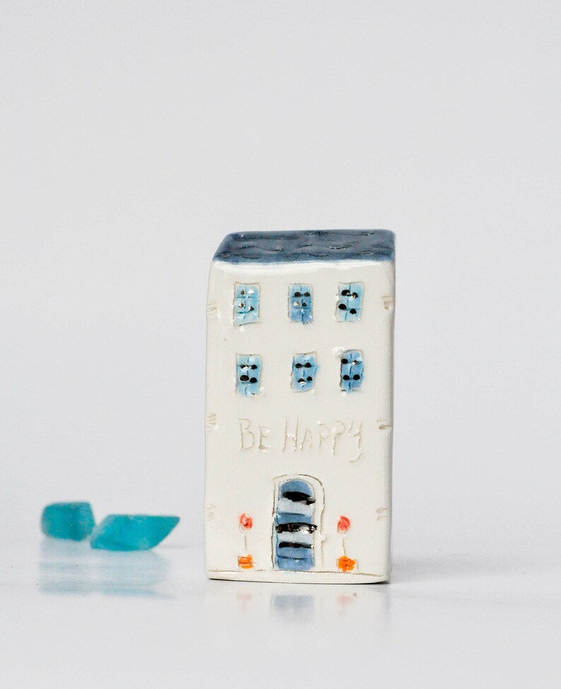 BE HAPPY little ceramic House in Blue and Silver Handmade | Etsy
