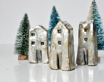 Set of 3 Raku Fired Ceramic Houses, Golden Glaze, Handmade by Studio ...