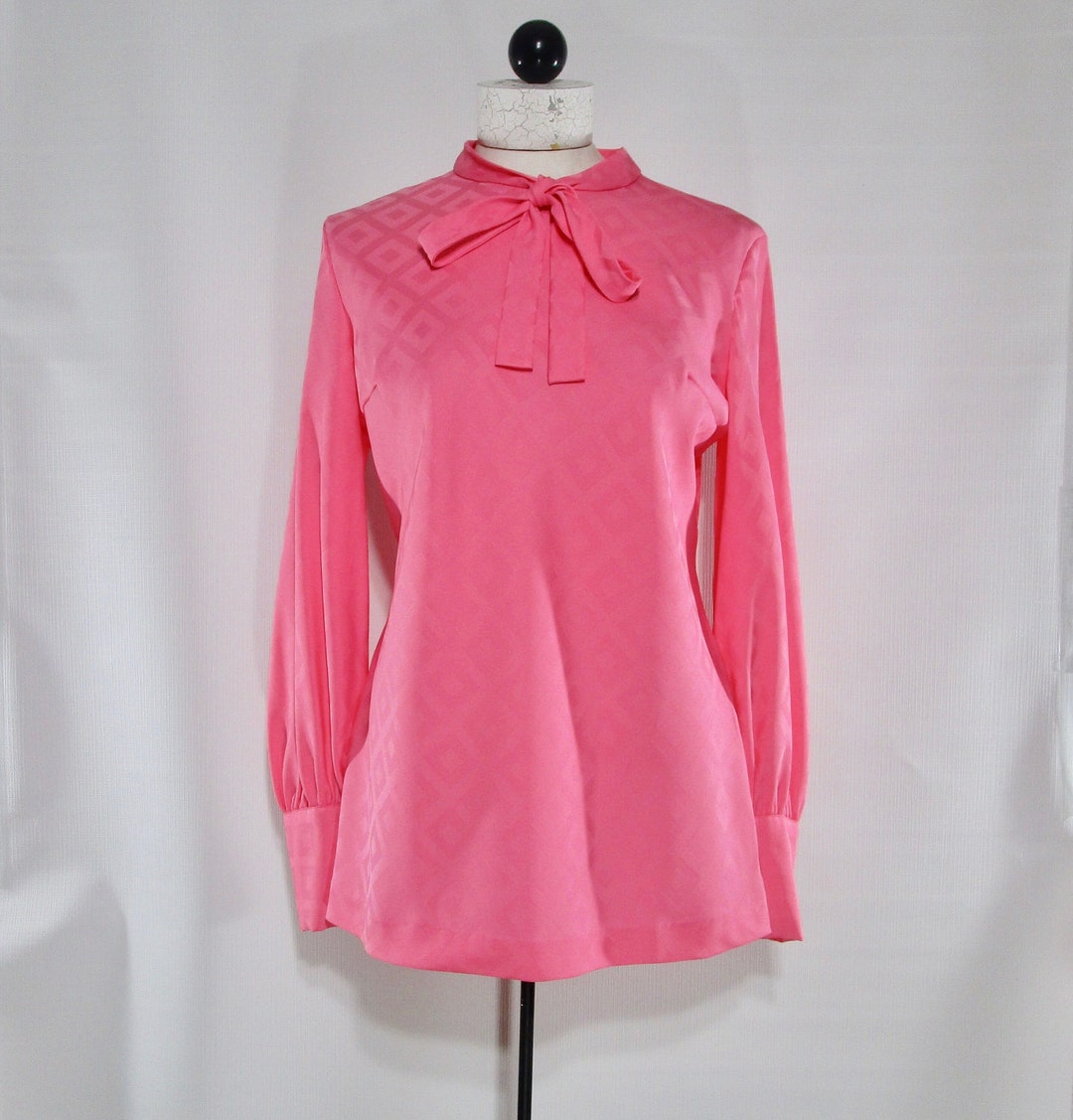 Bright Pink Bow Blouse, Vintage 1970 Contessa Monique Mod Polyester ...