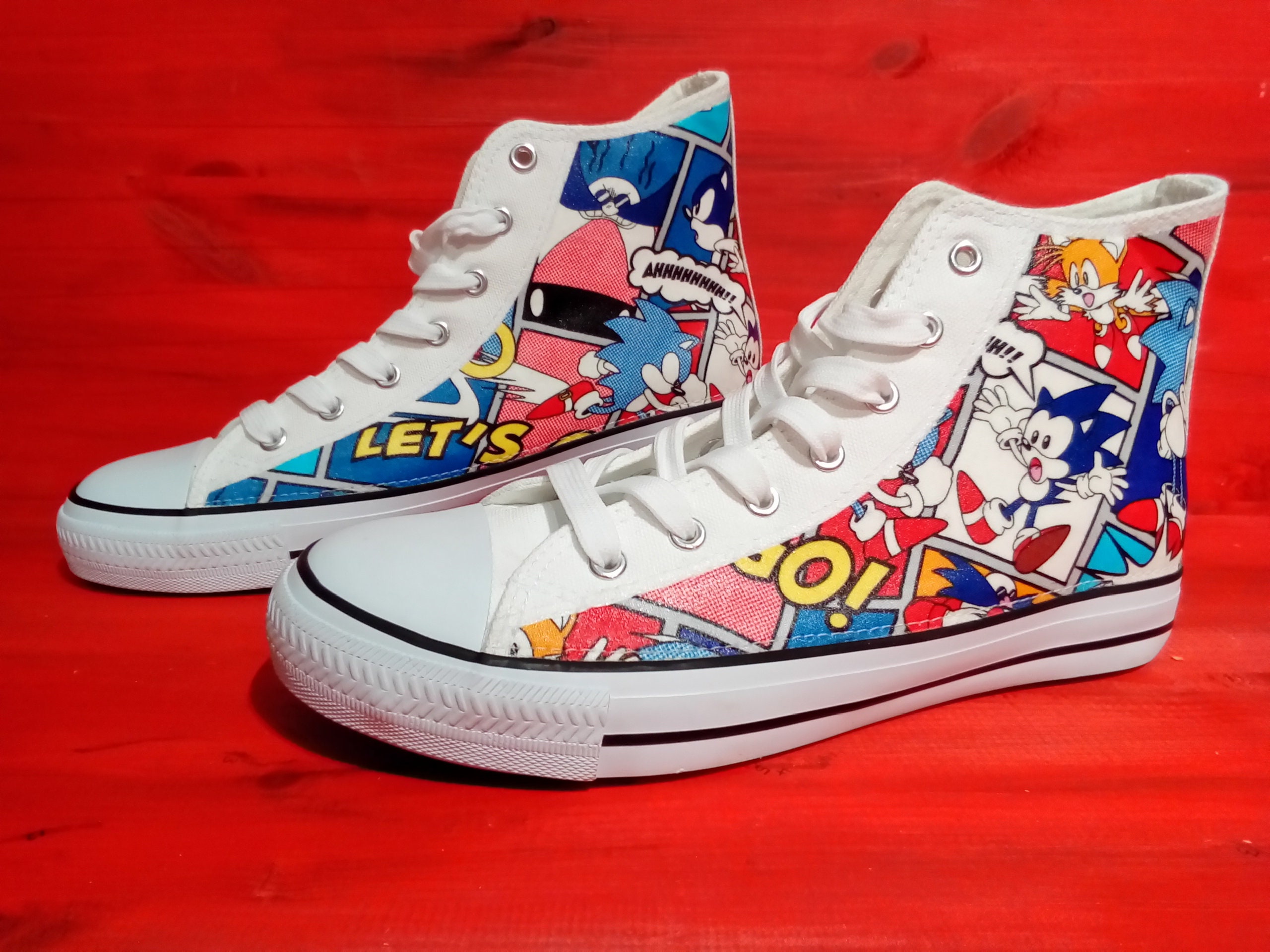 Hand Customised/custom Sonic the Hedgehog Lets Go Theme Fabric Shoes ...