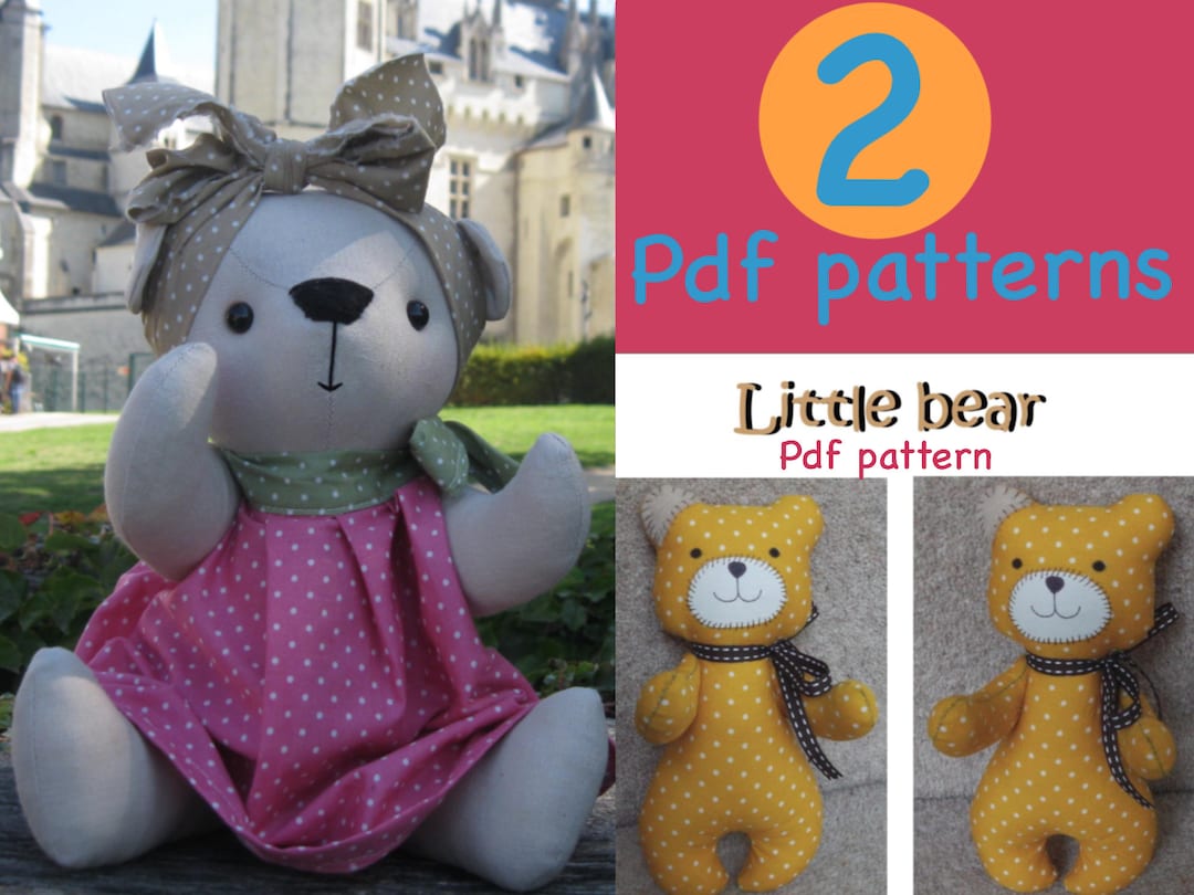 2 PDF Patterns. Jointed Bear in Pink Dress With Headscarf, 11.5 Inches ...