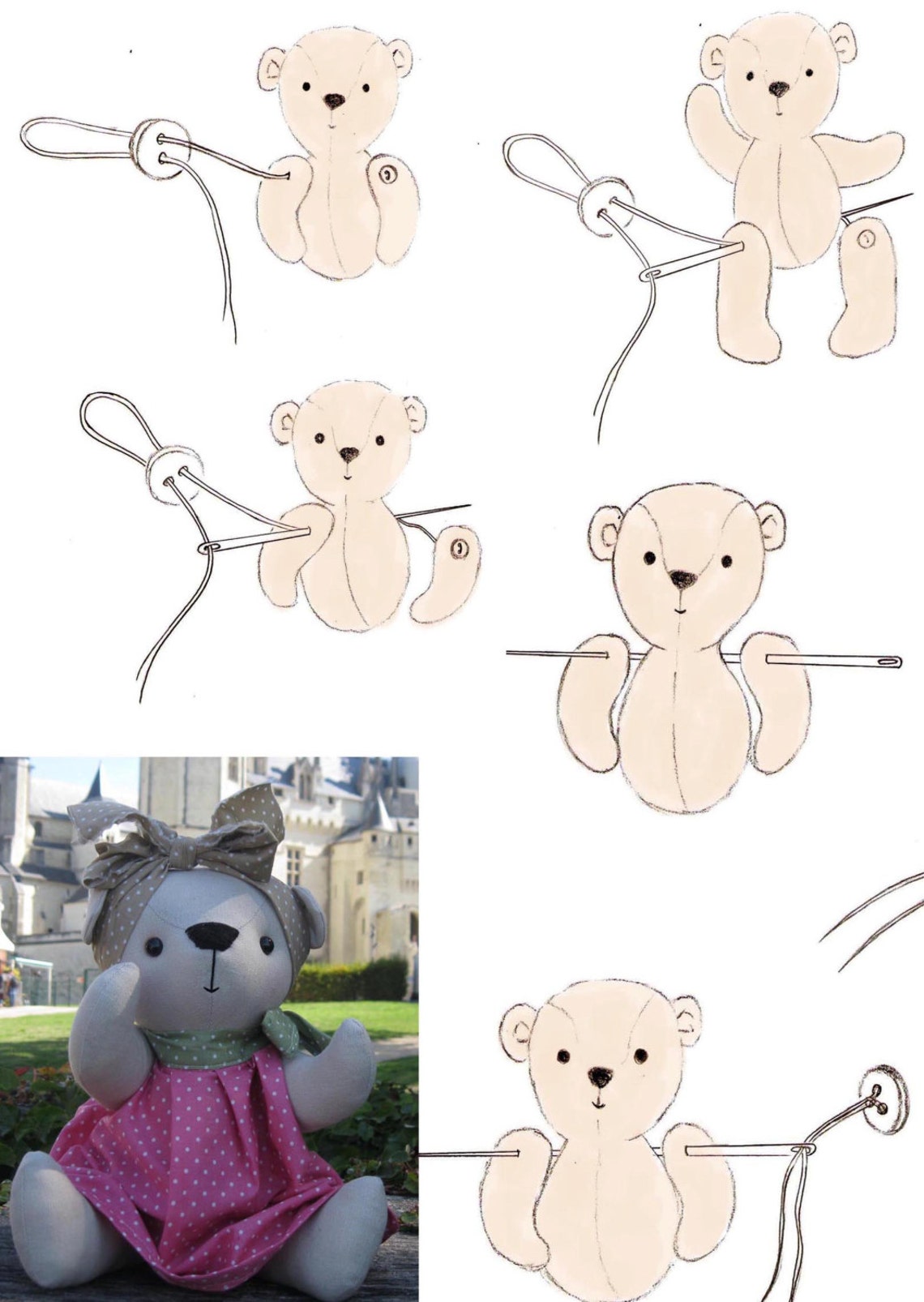 PDF Pattern. Jointed Bear in Pink Dress With Headscarf, 11.5 Inches - Etsy