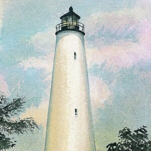 Georgetown Lighthouse, Winyah Bay, SC. White Tower, Pink Clouds, Green ...