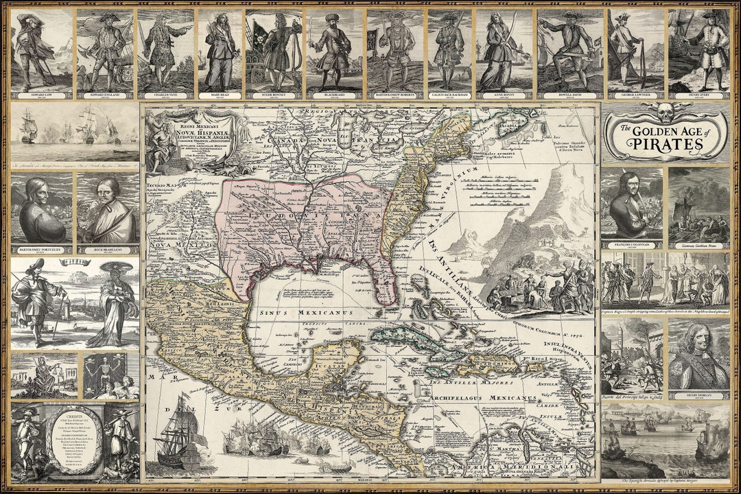 Pirate Map Poster 24x36" Landscape. Golden Age of Pirates Historic Art ...