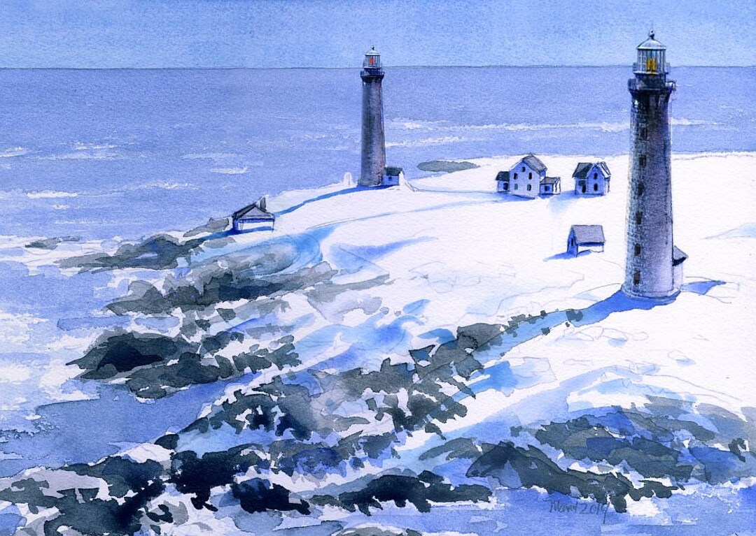 Cape Ann Lighthouses, Thacher Island, Rockport, Mass. Blue & White ...