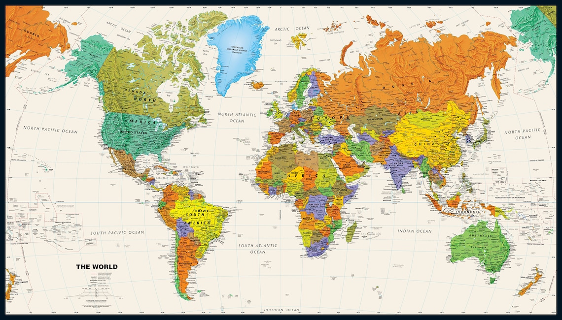 World Wall Map Poster. Colorful Tyvek, Waterproof, Rip Resistant ...