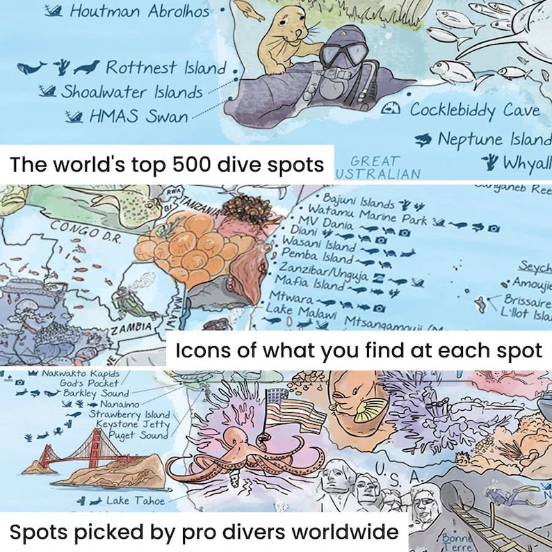 World Dive Sites Wall Map. Hand-drawn SCUBA Diving Poster, 22x38 ...