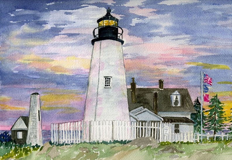 Pemaquid Point Lighthouse, Bell Tower & US Flag, Bristol, Maine ...