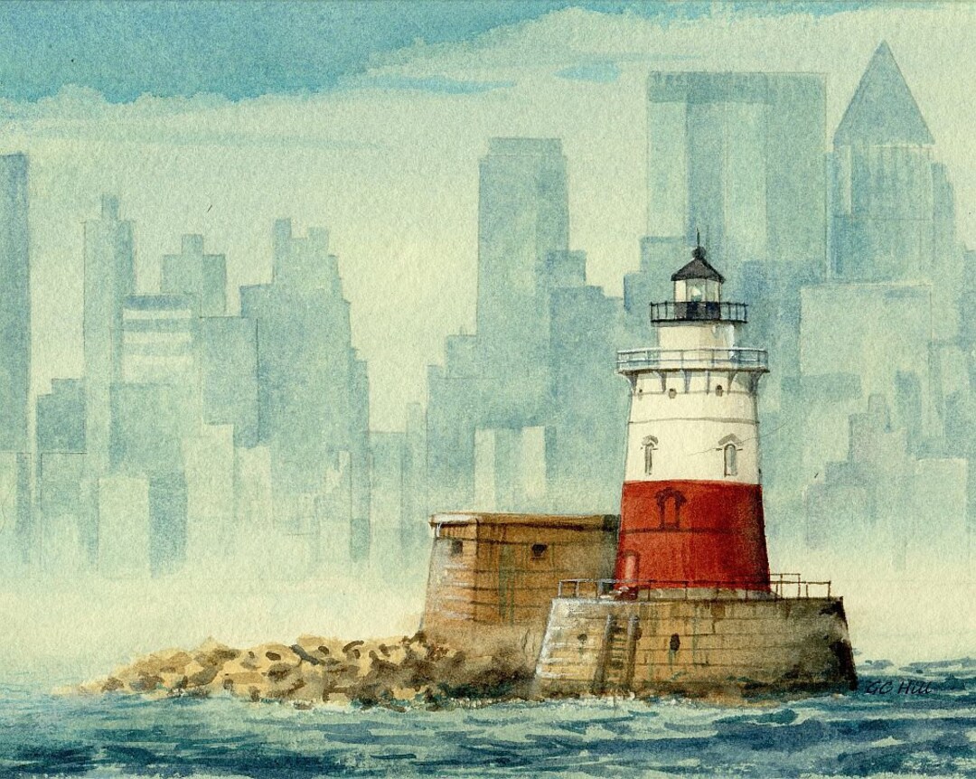 Kate's Light. Robbins Reef Lighthouse & Manhattan Skyline From Bayonne ...