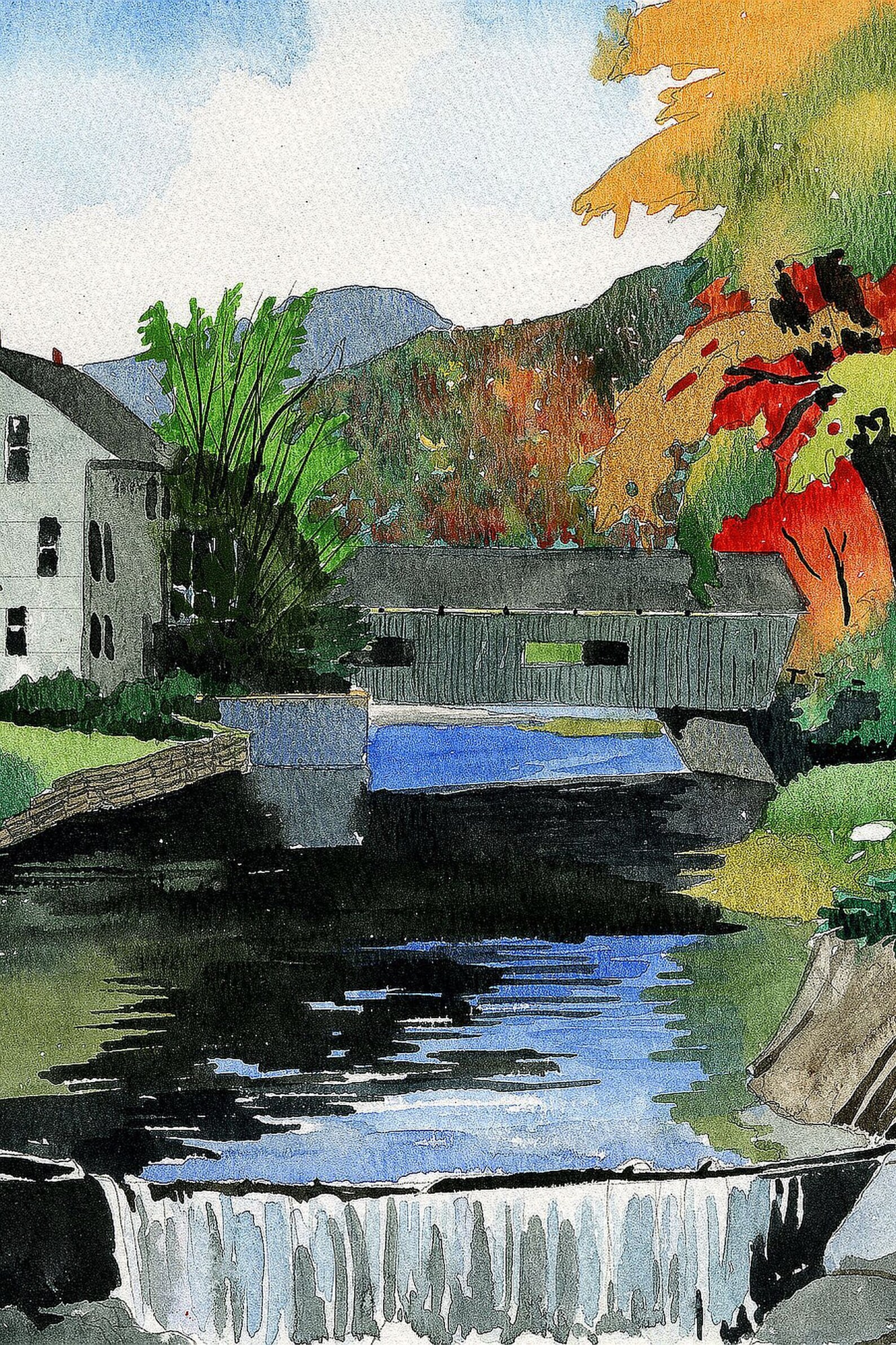 Warren Covered Bridge & Mad River Waterfall, Vermont. Colorful Autumn ...