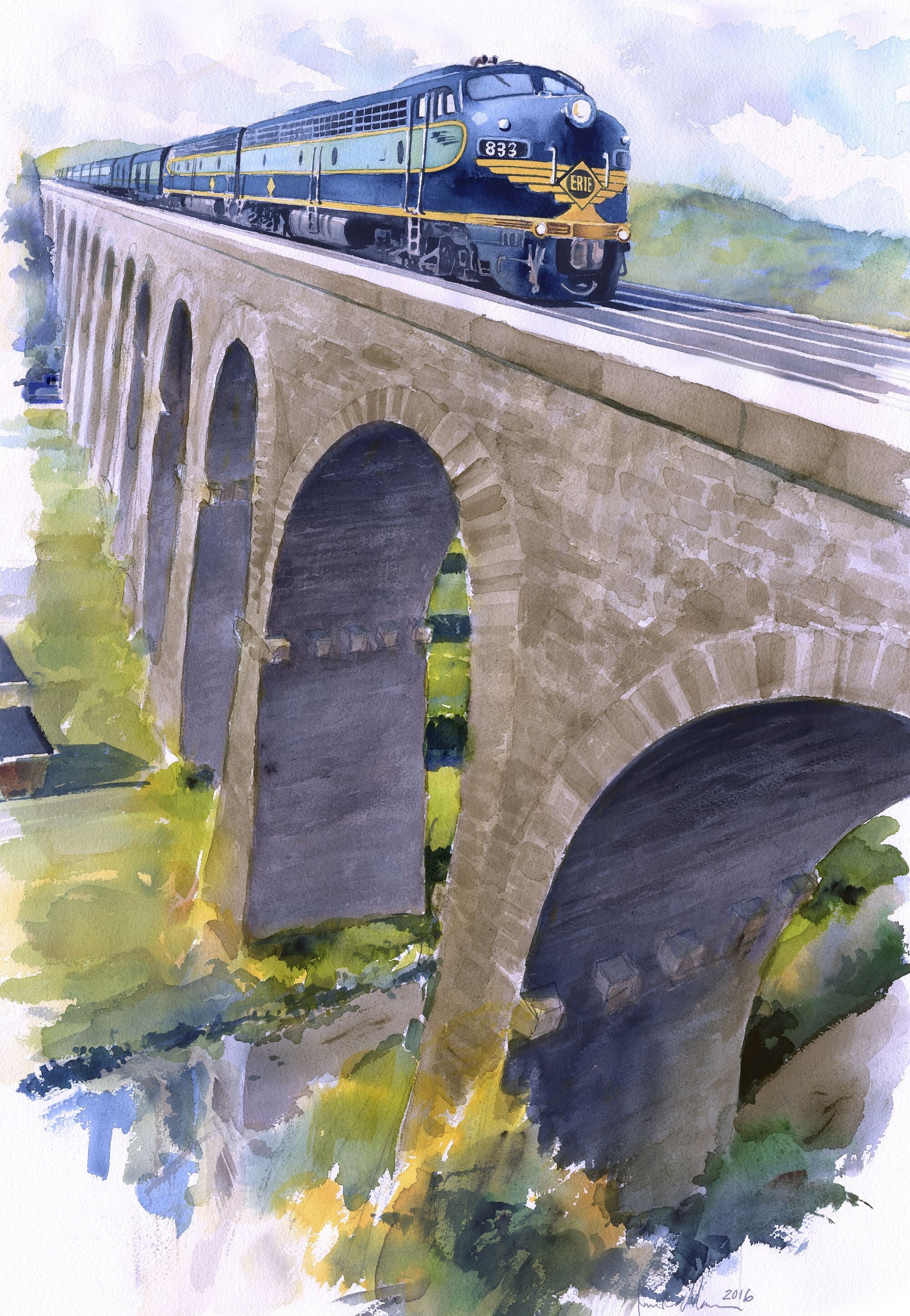 Erie Railroad #833 Streamliner Train on Starrucca Viaduct, Penna. Art ...