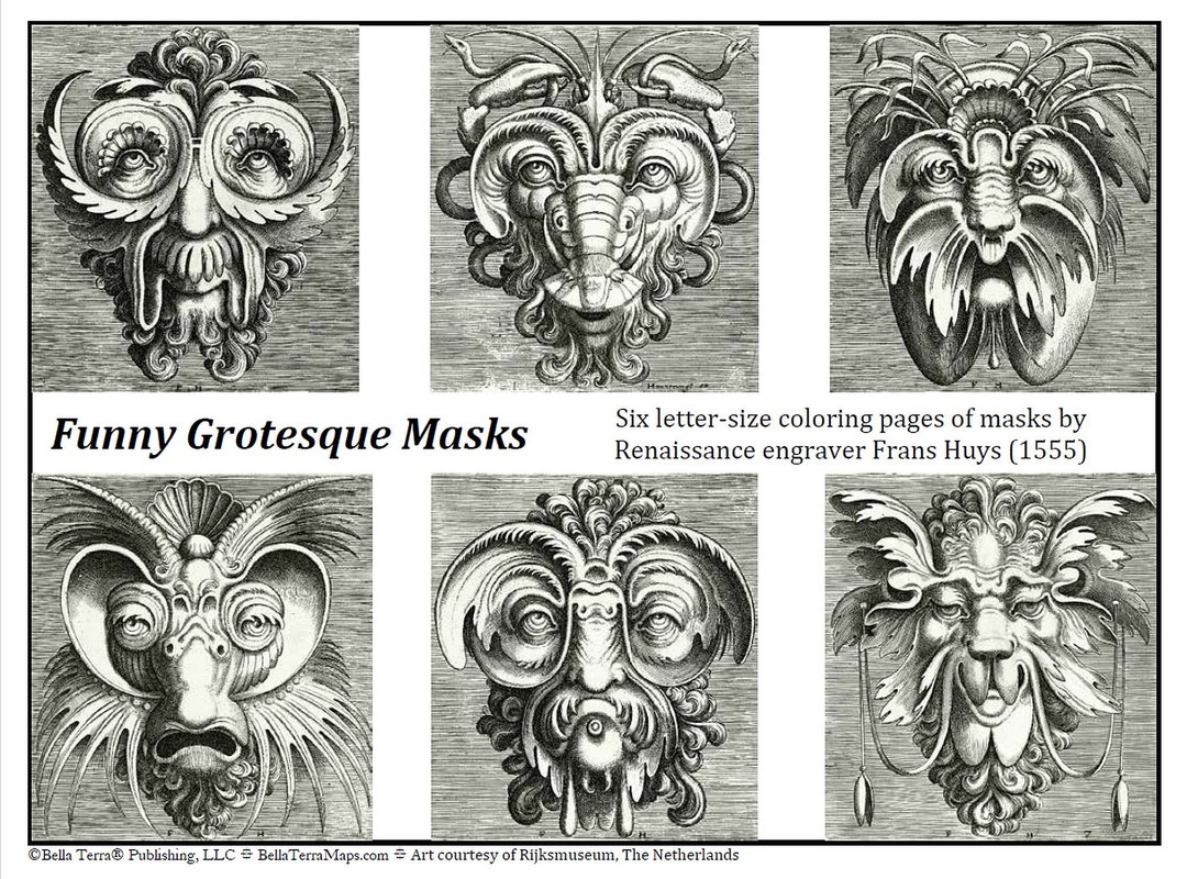 Funny Grotesque Masks Vintage Art Printable Coloring Pages. 6 Bizarre ...