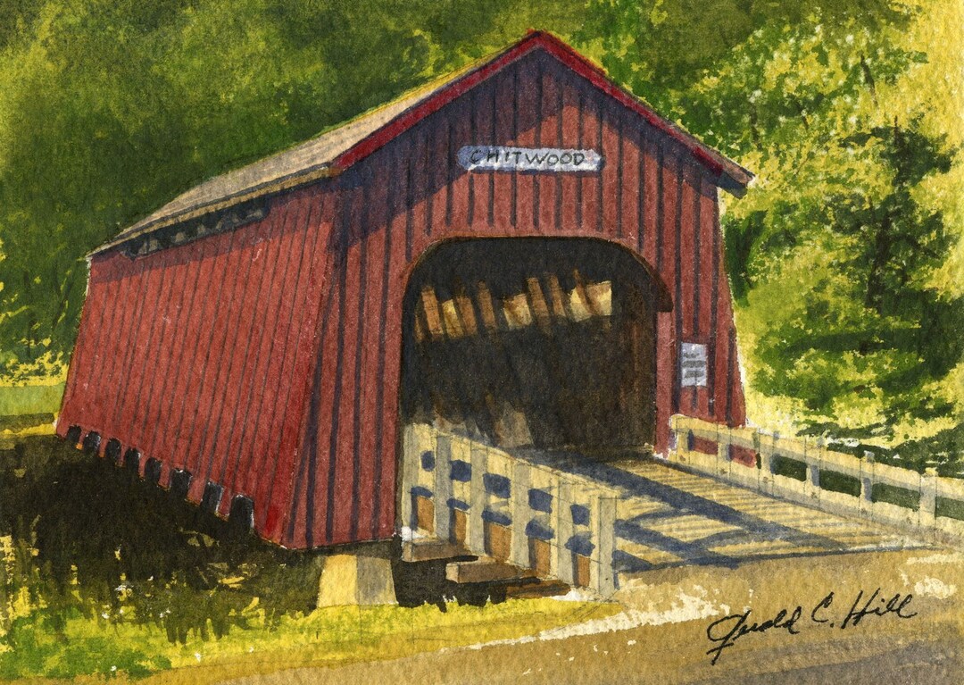 Chitwood Covered Bridge, Yaquina River, Lincoln County, Oregon. Red ...