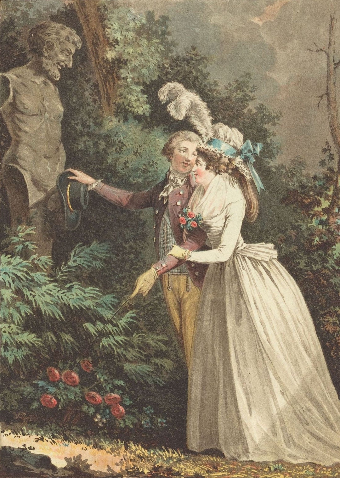 Risqué Statue's Surprise Under Hat. Man & Woman in Garden. Racy French ...