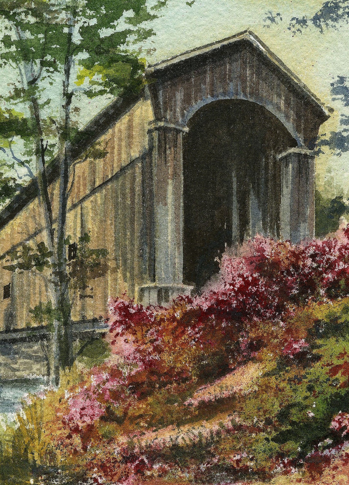 Shoreham Covered Railroad Bridge & Pink Flower Bushes | Etsy