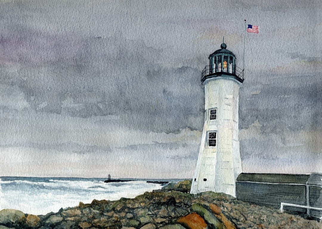 Scituate Lighthouse & US Flag, Massachusetts. Stormy Day at South Shore ...