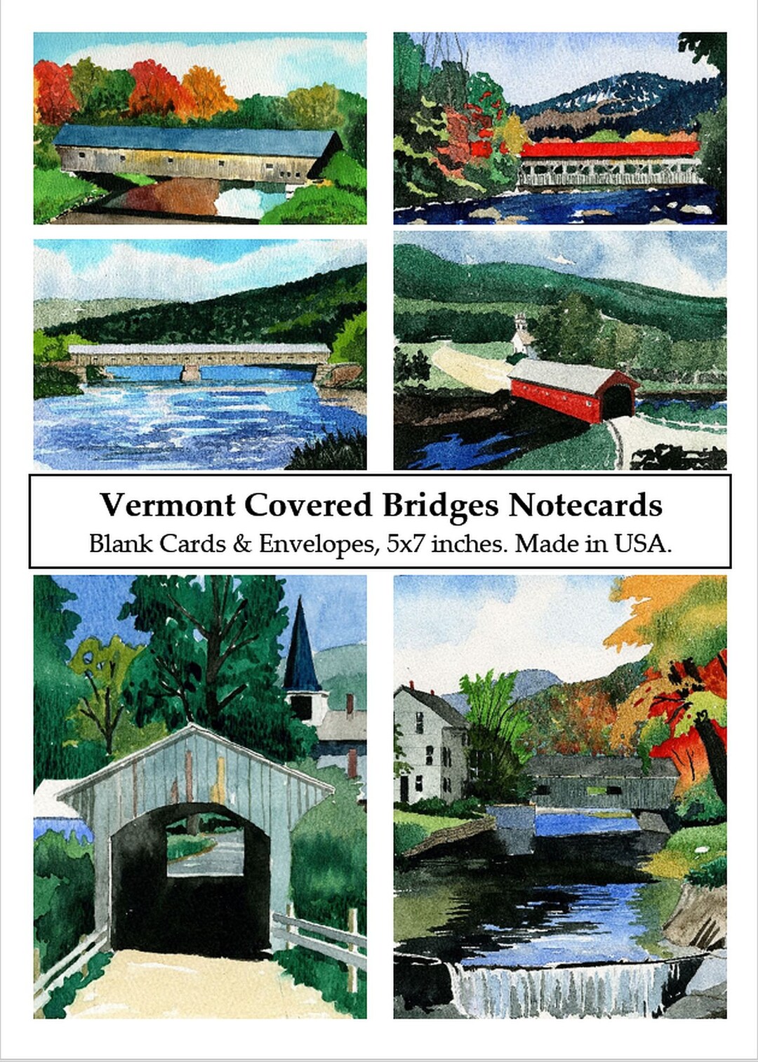 Vermont Covered Bridges Notecard Collection. 6 Watercolor Paintings of ...