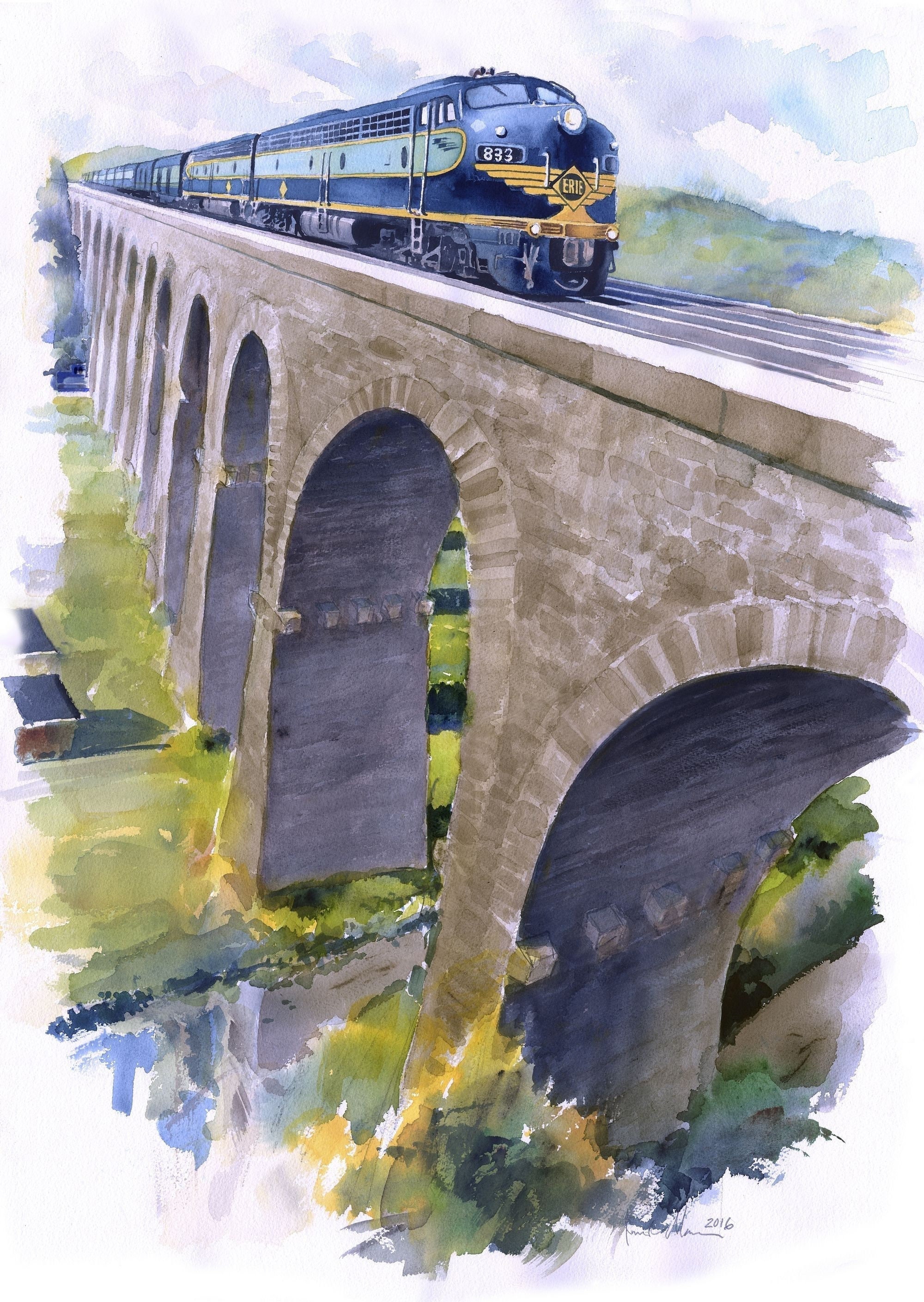 Erie Railroad #833 Streamliner Train on Starrucca Viaduct, Penna. Art ...