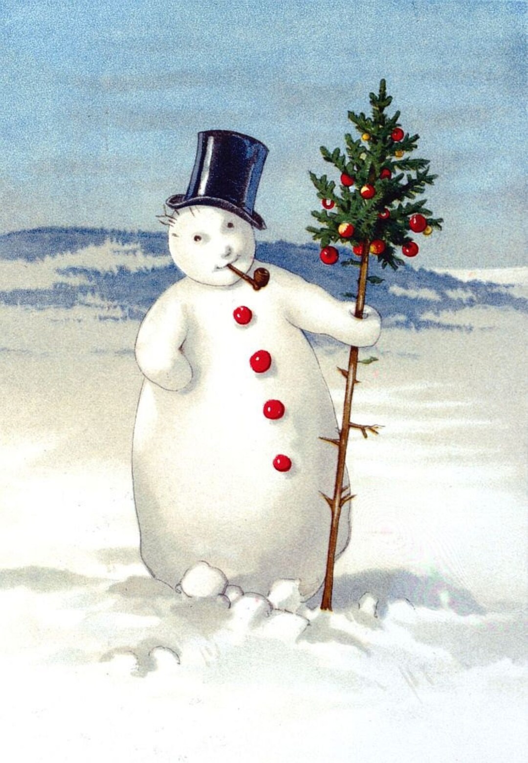 Cuddly Snowman Holding Christmas Tree. Pipe, Top Hat, Red Apple Buttons ...