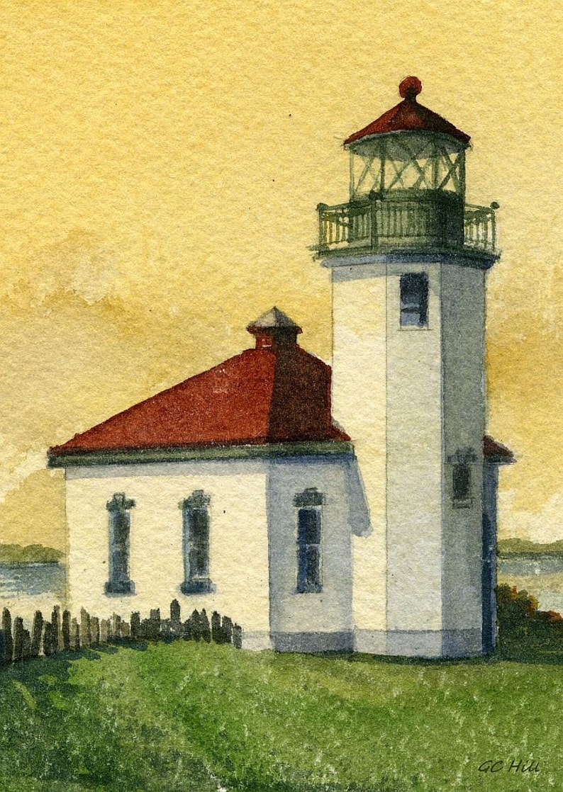 Alki Point Lighthouse Golden Sunset, Seattle, WA. Elliott Bay, Puget ...