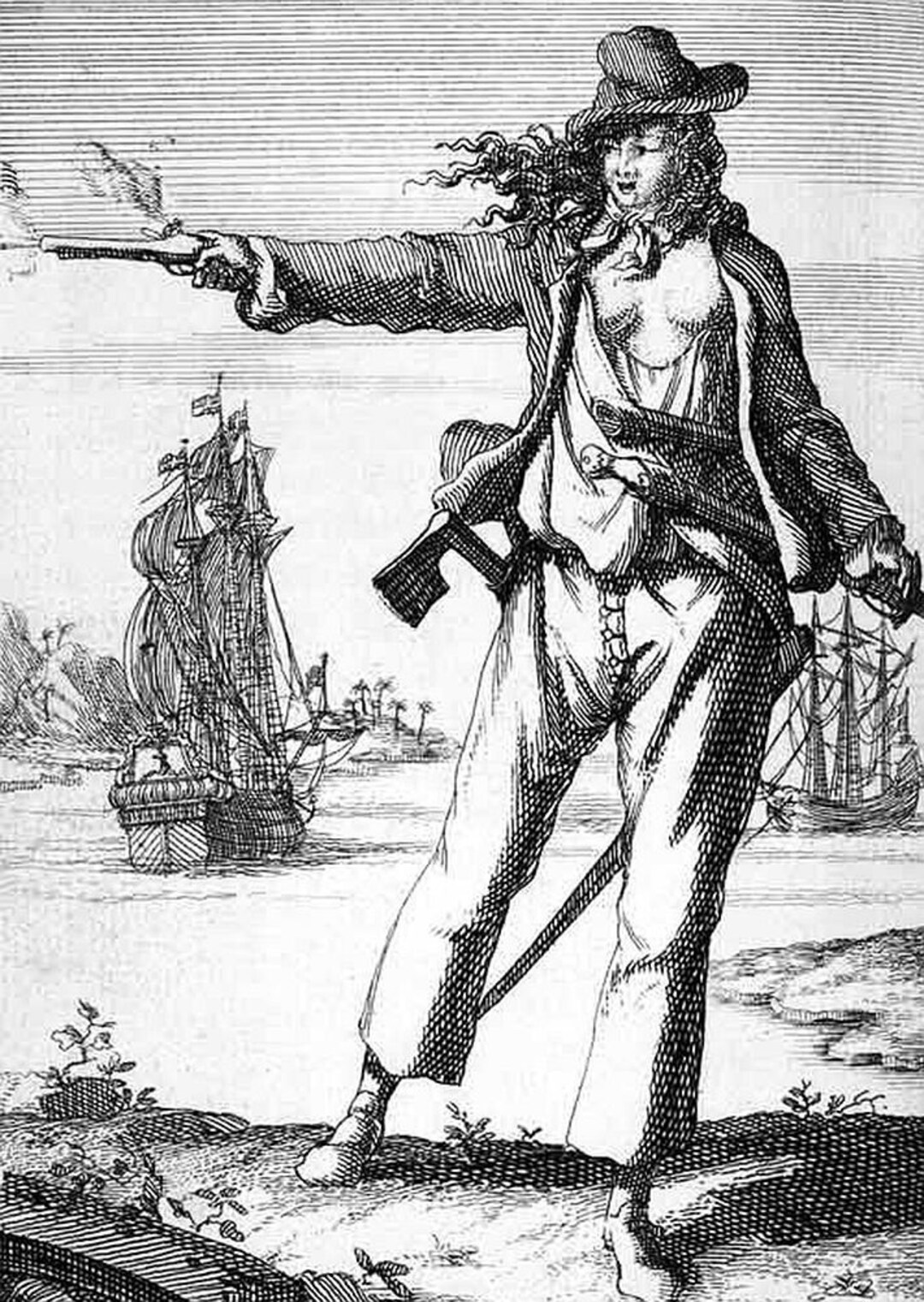 Anne Bonny Firing Pistol. Portrait of Bare-chested Female Pirate ...