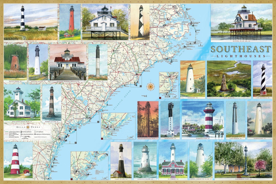Southeast Lighthouses Illustrated Map Poster. North Carolina | Etsy