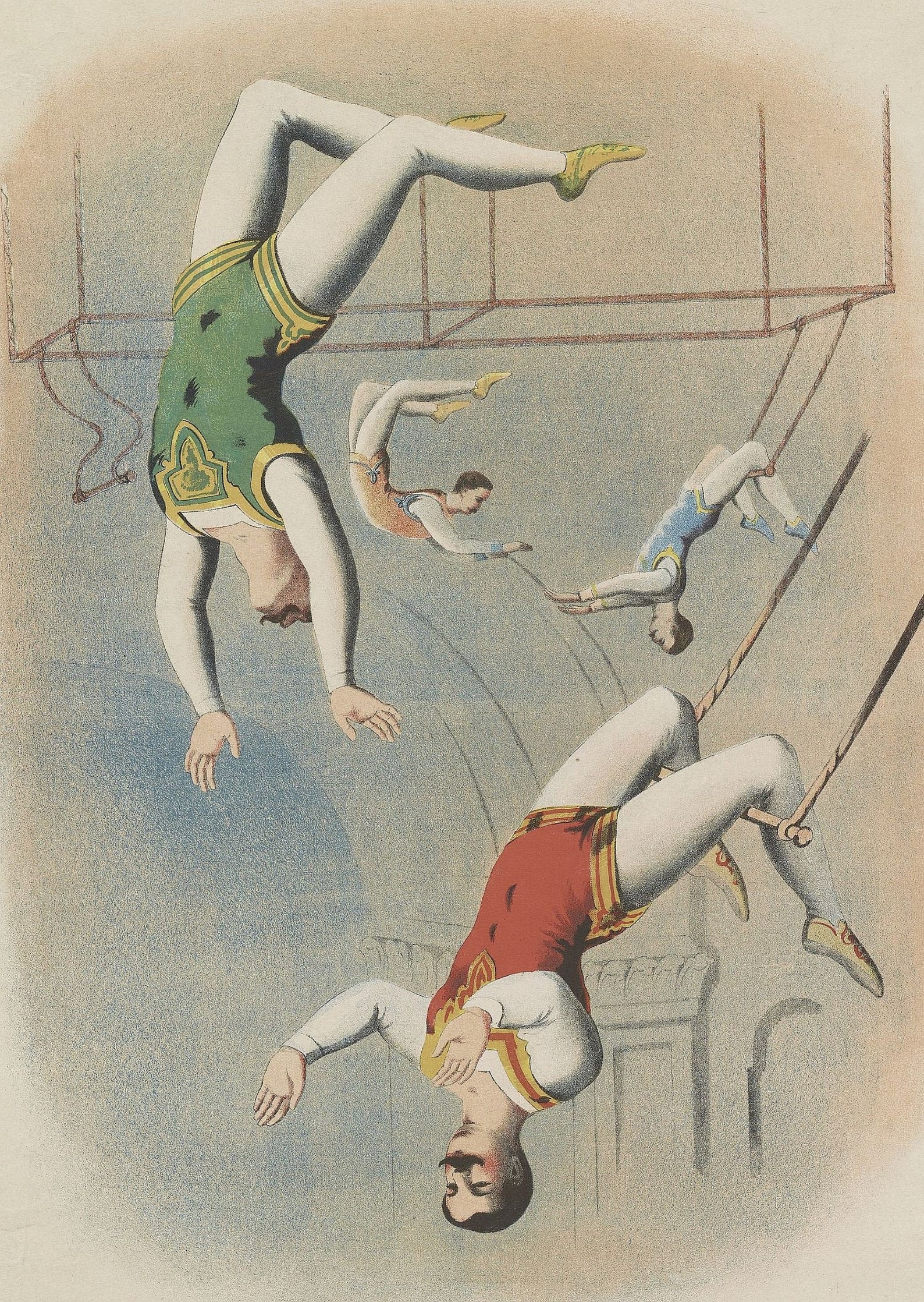 Circus Trapeze Acrobats Flying High. Men in Tights With Moustaches ...