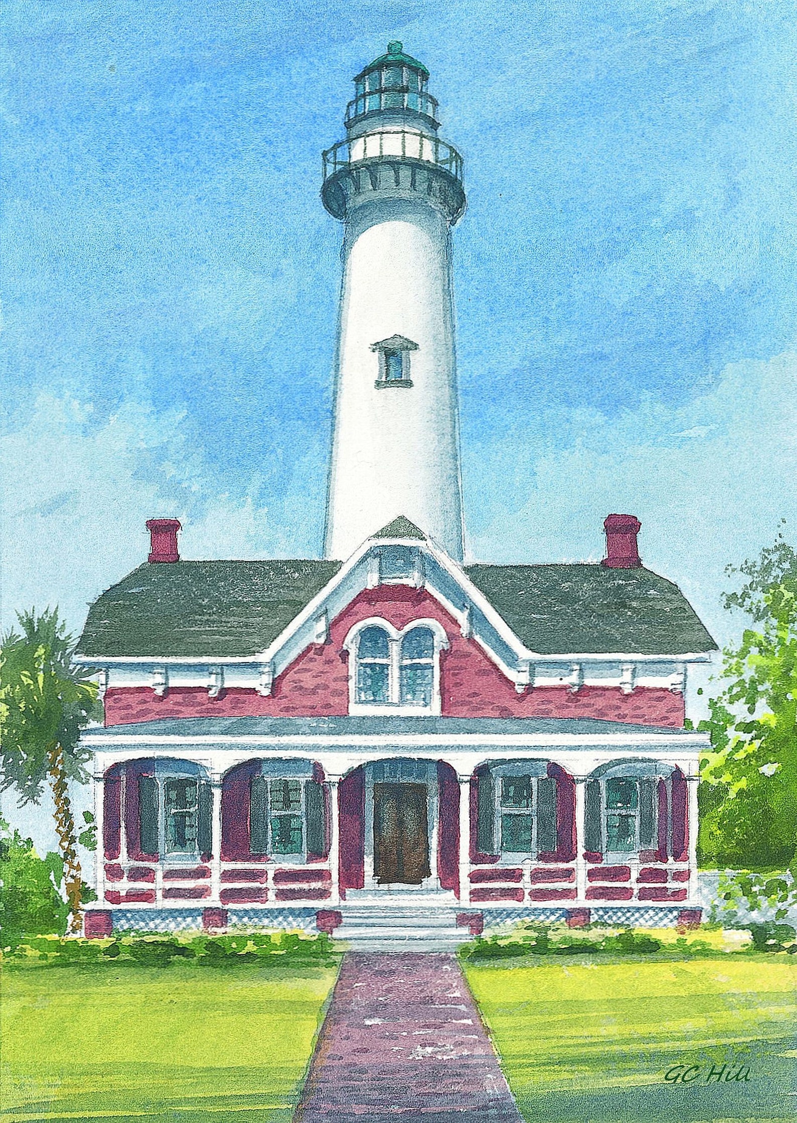 St. Simons Island Lighthouse, Georgia. Portrait of White Tower & Brick ...