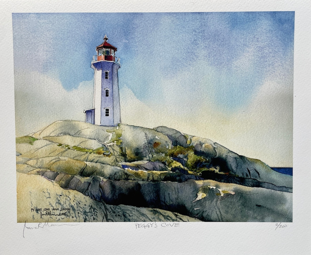 Peggys Point Lighthouse, Peggy's Cove, Nova Scotia, Canada. Watercolor ...